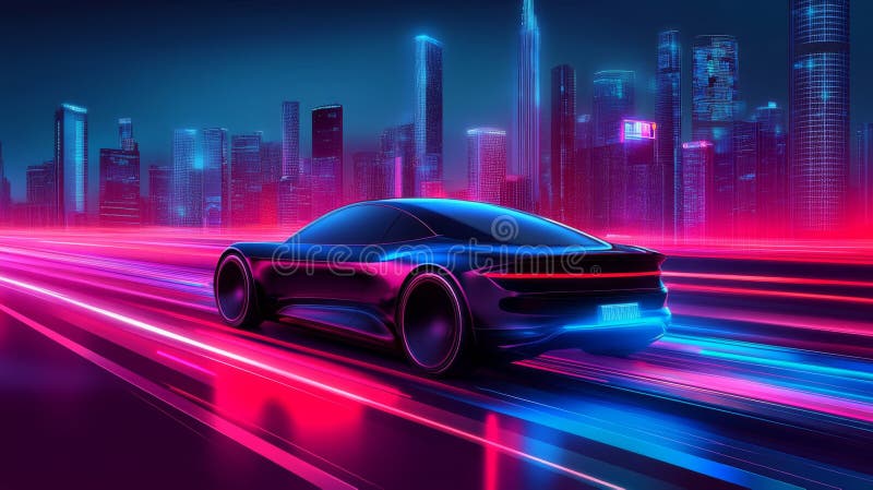 Futuristic Car Driving through Neon City at Night Stock Illustration ...
