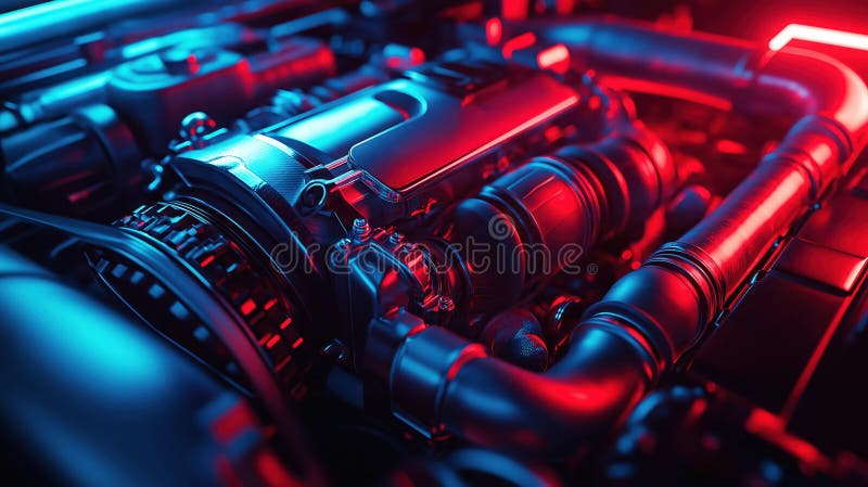 Futuristic Car Engine with Neon Lighting and Intricate Mechanical ...