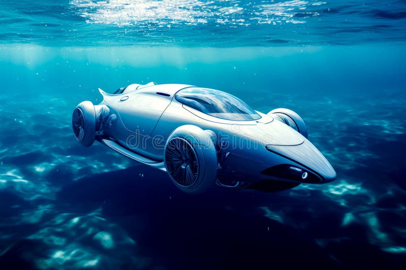 Futuristic Car Floating in the Ocean with Sunlight Shining on the Water ...