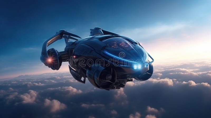 Futuristic Car, Flying Car in the Air Above the Clouds, with Lights ...
