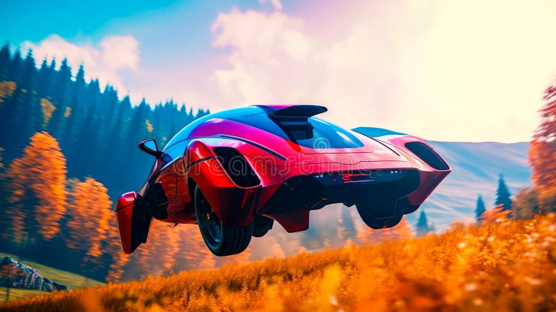 Futuristic Car Flying through the Air Over Field of Grass and Trees ...