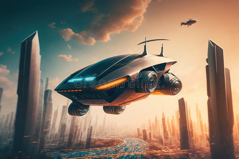 Futuristic Car Flying Over the City. Generative Ai Stock Illustration - Illustration of planet ...