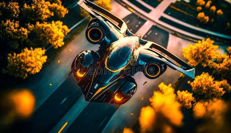 Futuristic Car Flying Over Road Surrounded by Trees. Generative AI ...