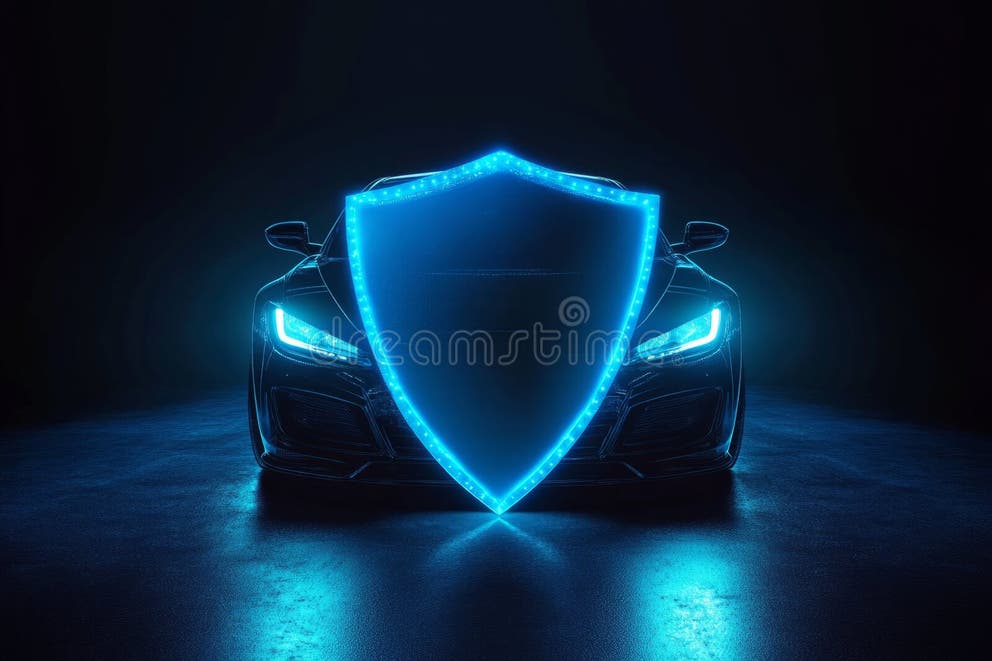 Futuristic Car with Glowing Headlights is Protected by a Digital Shield ...