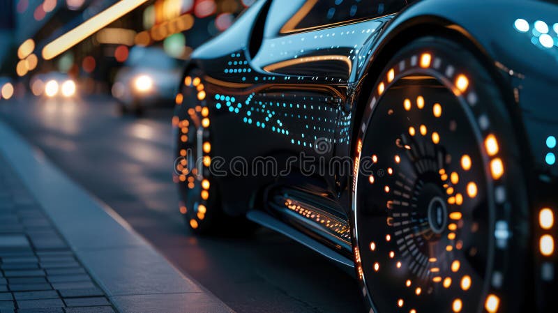 A Futuristic Car with Glowing Lights Drives through a City at Night ...