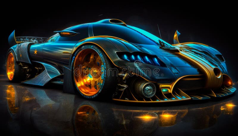 Futuristic Car with Glowing Wheels on Reflective Surface. Generative AI ...