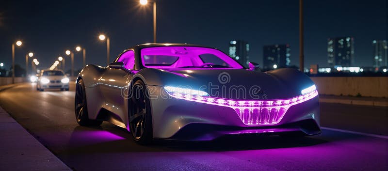 A Futuristic Car Glows Neon Purple As it Drives through the Night in ...