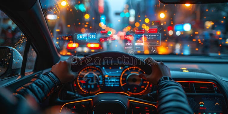 Futuristic Car Interior with Augmented Reality HUD Display, Glowing ...