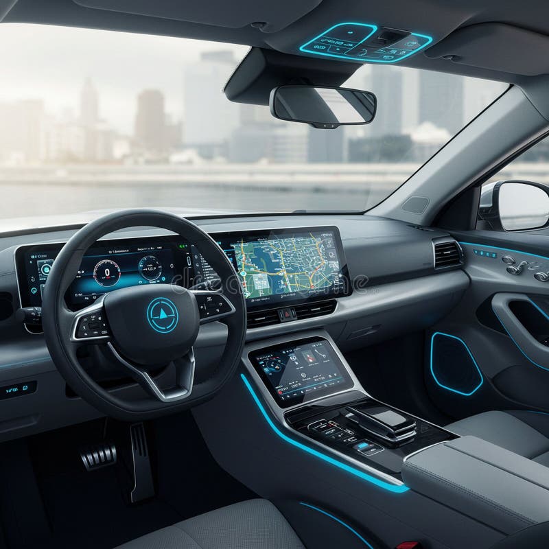 Futuristic Car Interior Featuring a Sleek Design with a Digital ...