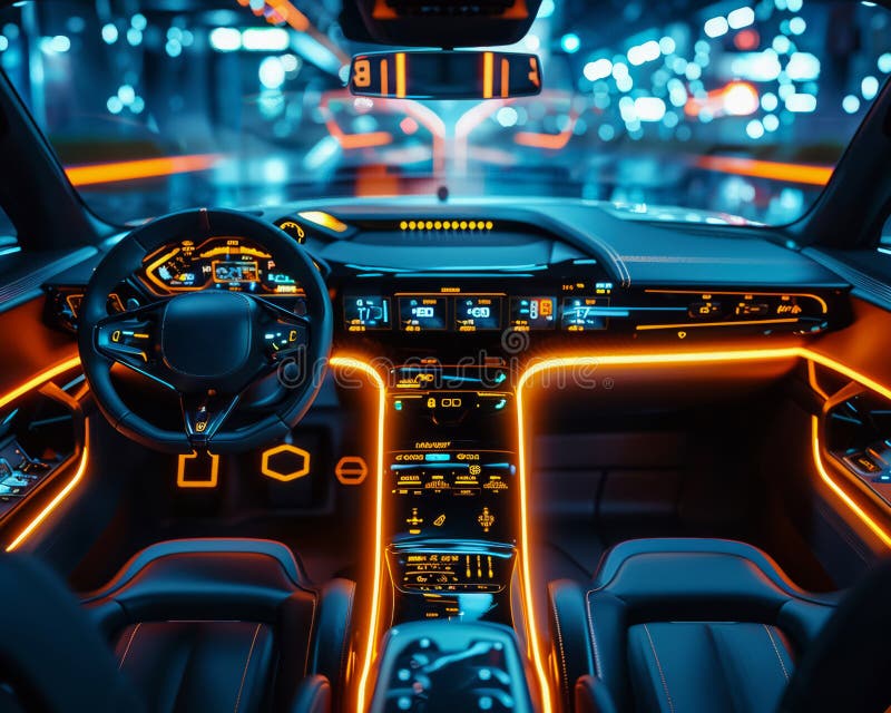 Futuristic Car Interior with Innovative Controls and Ambient Lighting ...