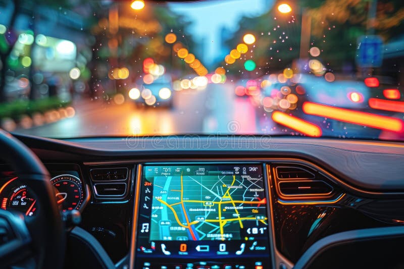 Night City Driving, Illuminated Dashboard GPS Navigation Stock ...