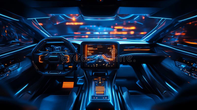 Futuristic Car Interior with Neon Lights at Night Stock Illustration ...