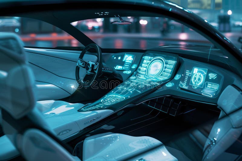 Futuristic Car Interior at Night with Holographic Display Stock Image ...