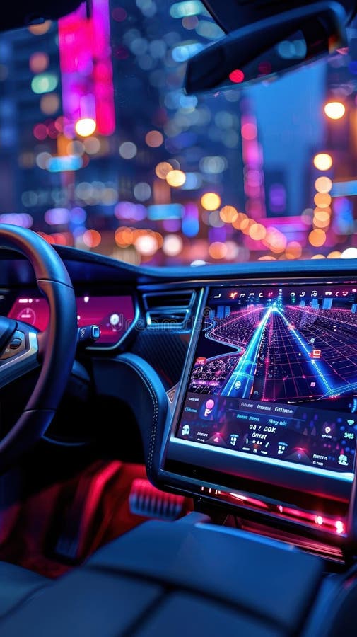 Futuristic Car Interior at Night with Neon Cityscape Backdrop. High ...