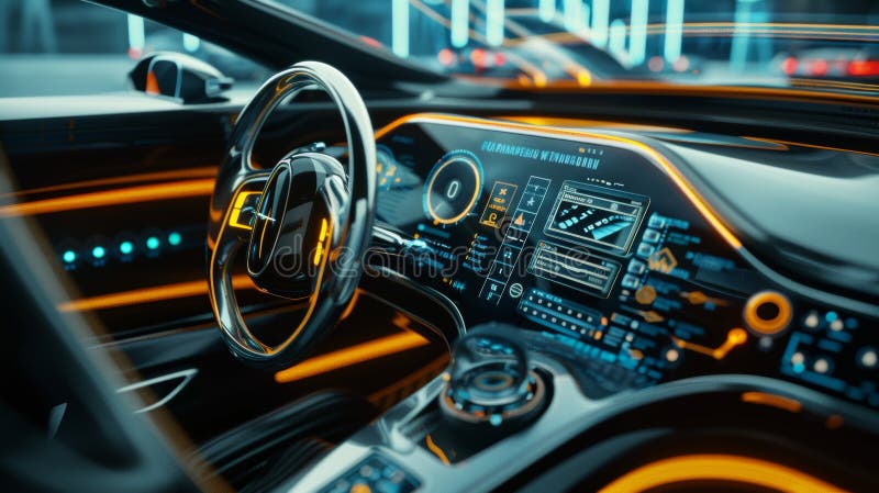 Futuristic Car Interior Showcasing High Tech Dashboard with Holographic ...