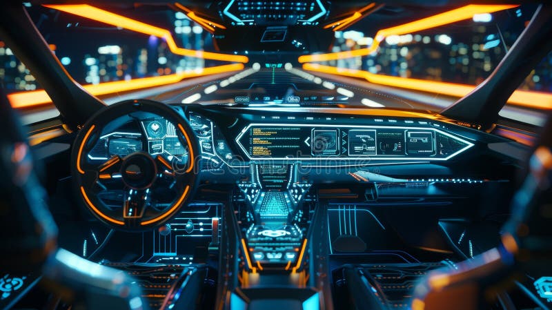 Futuristic Car Interior Showcasing High Tech Dashboard with Holographic ...