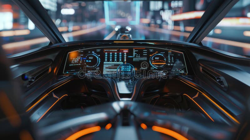 Futuristic Car Interior Showcasing High Tech Dashboard and Holographic ...