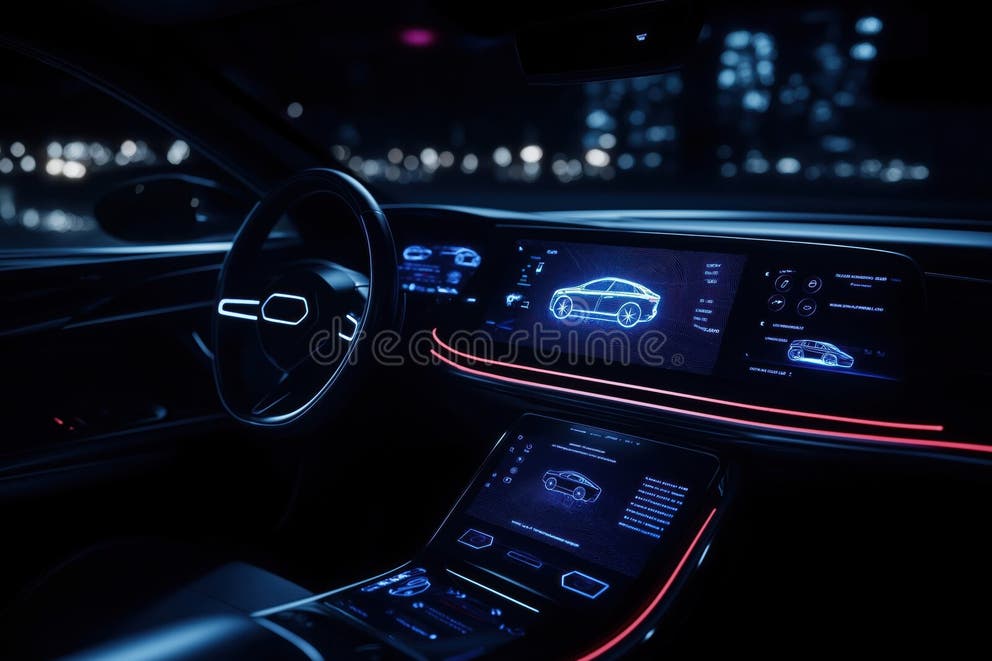 Futuristic Car Interior Shows Virtual Hologram Interface. Modern Tech Design for Future Vehicles ...