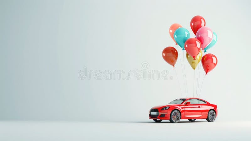 Futuristic Car Model Floating with Colorful Balloons on White ...