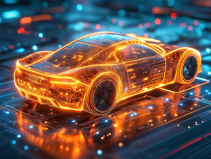 Futuristic Car Model Illuminated on Digital Circuit Board, Showcasing ...