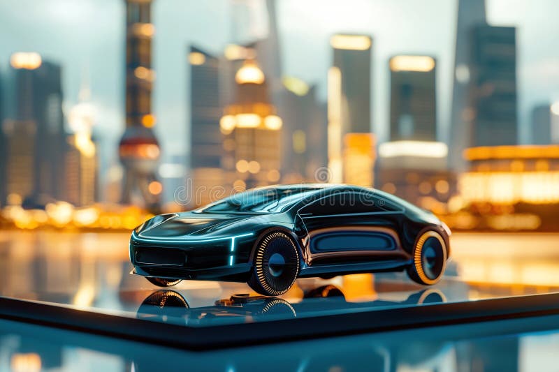 Futuristic Car Model in the Streets of a Modern City of the Future. Ai ...
