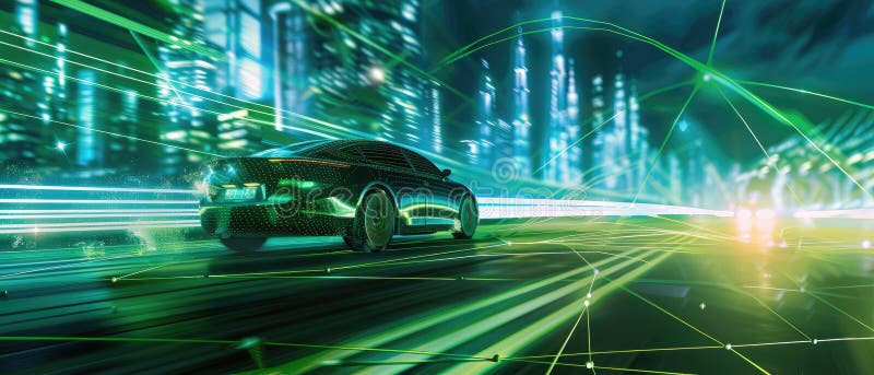 Futuristic Car Navigating through a Network of Lines Stock Illustration ...