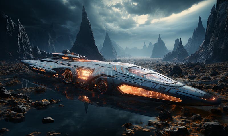 Futuristic Car Navigating Rocky Terrain Stock Image - Image of ground ...