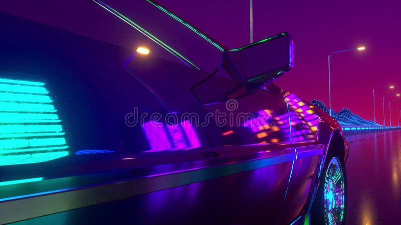 80s Retro Background 3d Loop Animation. Futuristic Car Drive through ...