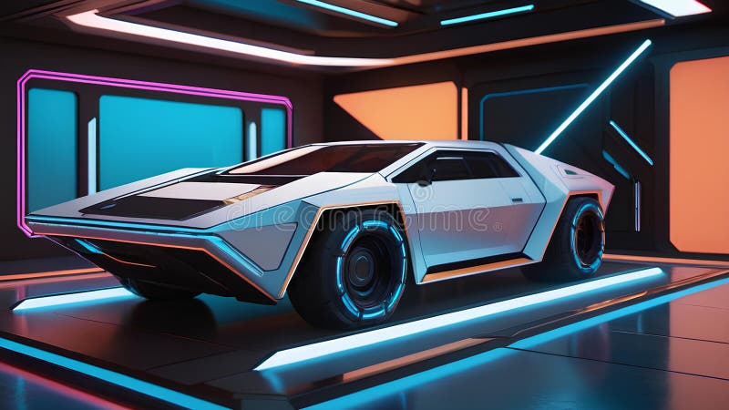 A Futuristic Car with Neon Lights on the Front and Back. the Car is ...