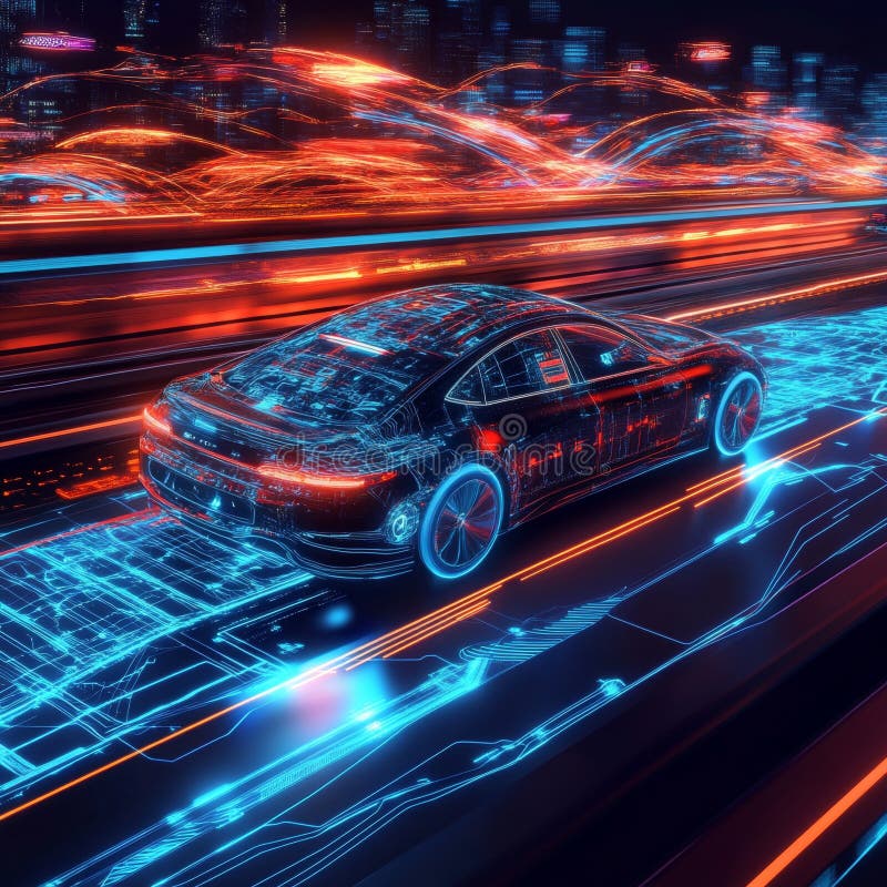 Futuristic Car Racing through a Digital Highway with Neon Lights and ...
