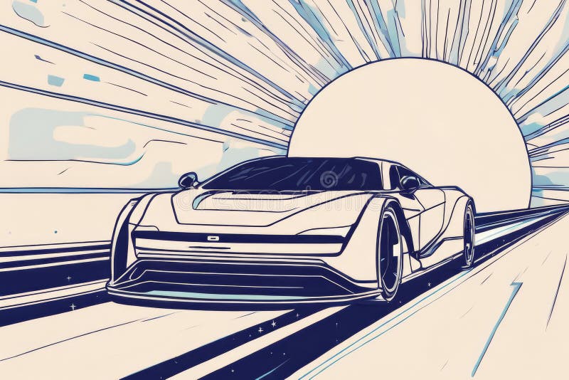 Futuristic Car Racing Towards a Large Sun in a Dynamic Illustration ...