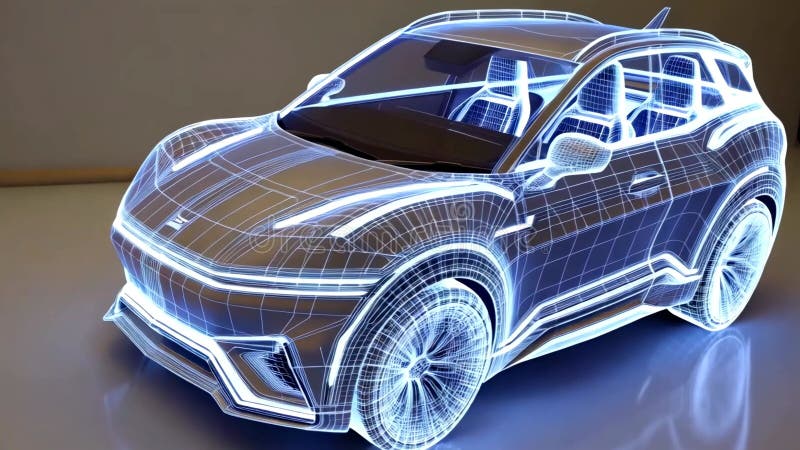 A Futuristic Car Takes Shape in Glowing Digital Wireframe, with ...