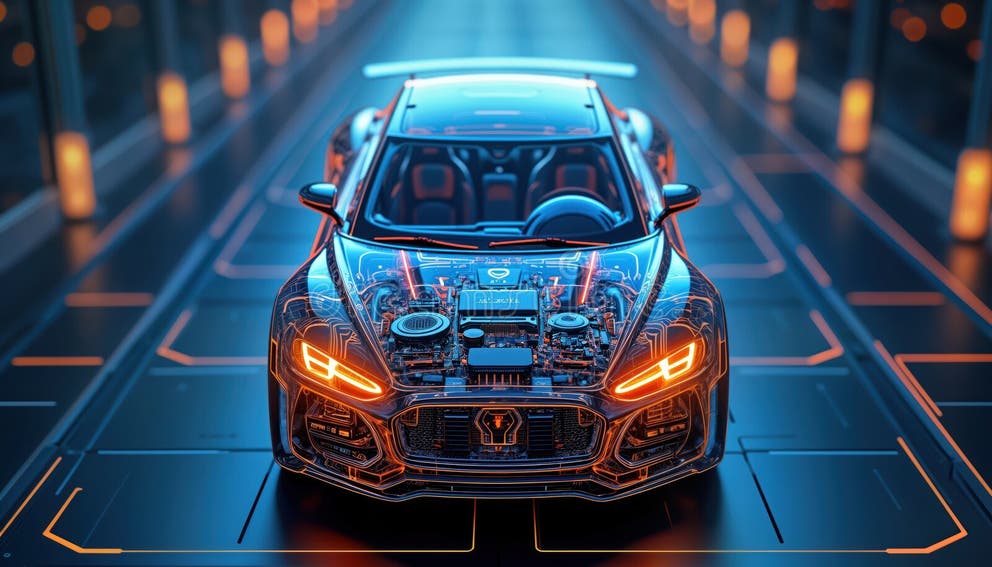 Futuristic Car Undergoing Automated Electronics Testing. Precision ...