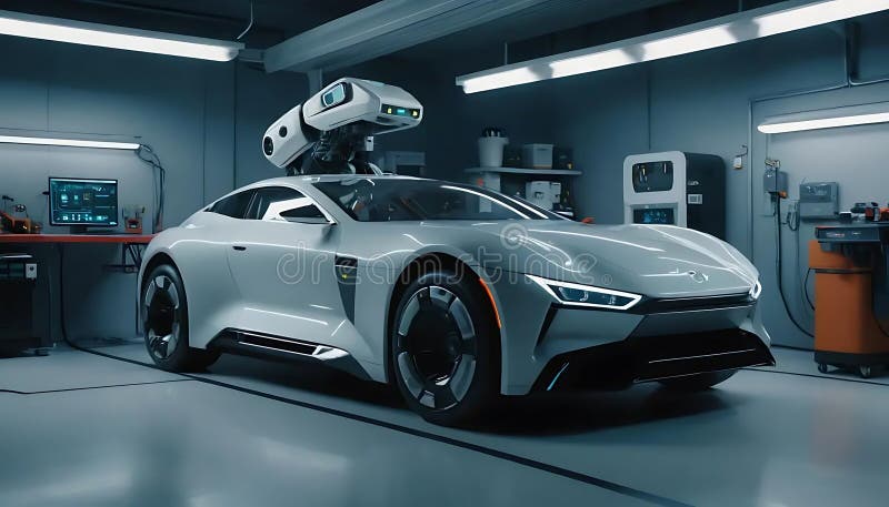 Futuristic Car Undergoing Robotic Maintenance Inside Modern Clean ...