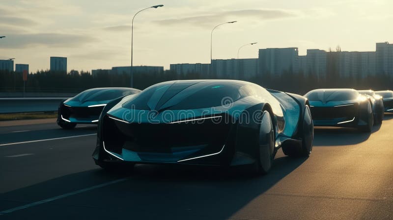Futuristic Car Vehicles on Highway with Full Self Driving. AI Generated ...