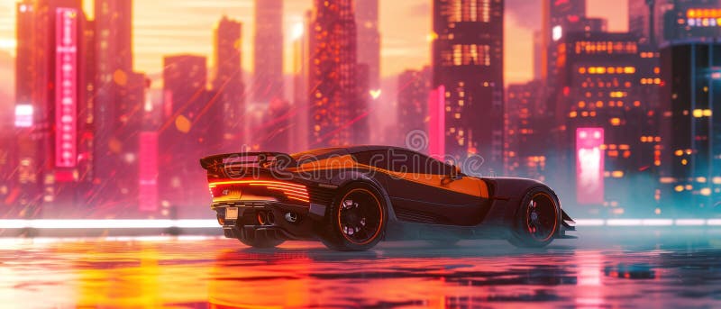 Futuristic Car in Vibrant Cityscape at Dusk. Digital Illustration ...