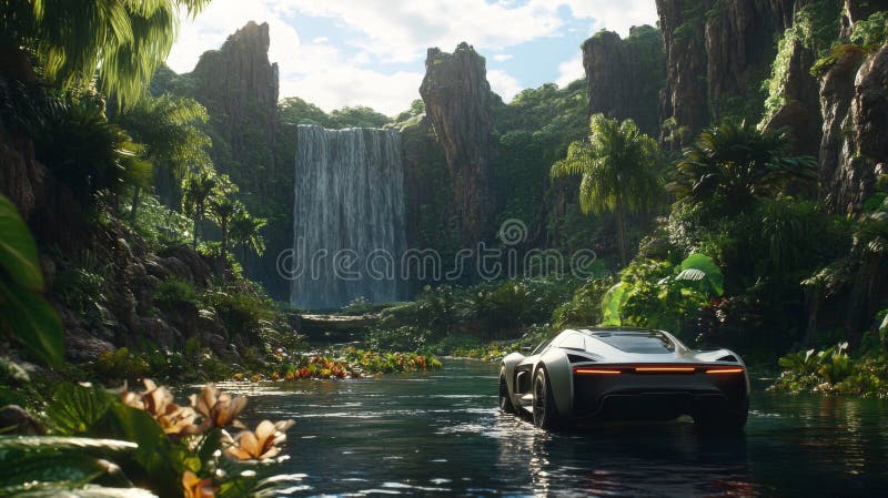 Futuristic Car by a Waterfall in a Lush Tropical Paradise Stock ...
