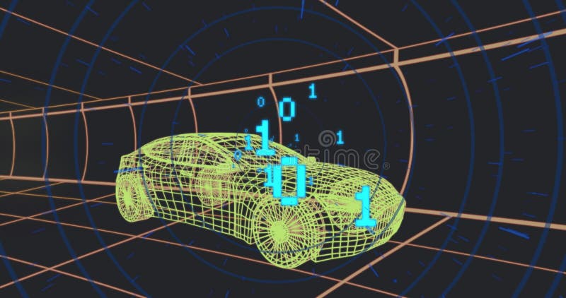 Futuristic Car Wireframe with Binary Code Animation in Digital Tunnel ...