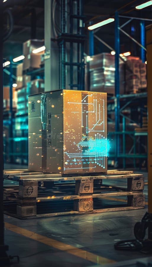 Futuristic Cardboard Box on Pallet in Warehouse with Digital Data and ...