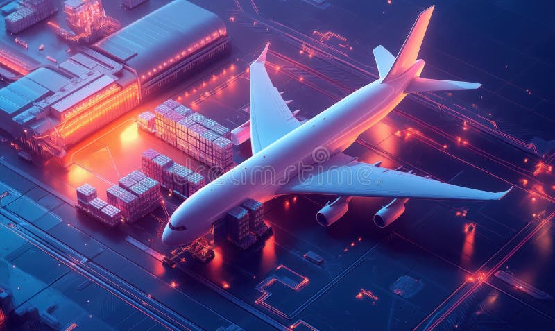 Futuristic Cargo Airplane at High-tech Logistics Hub, Illuminated by ...
