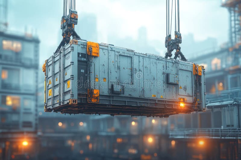 A Futuristic Cargo Container Being Lifted by a Crane in a City Stock ...