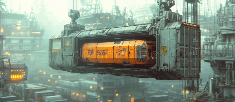CARGO CONTAINER BEING LIFTED in a FUTURISTIC CITYSCAPE Stock ...