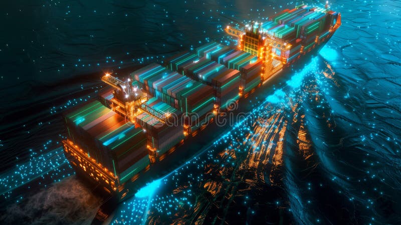 Futuristic Cargo Container Ship Navigating Illuminated Waters at Night ...