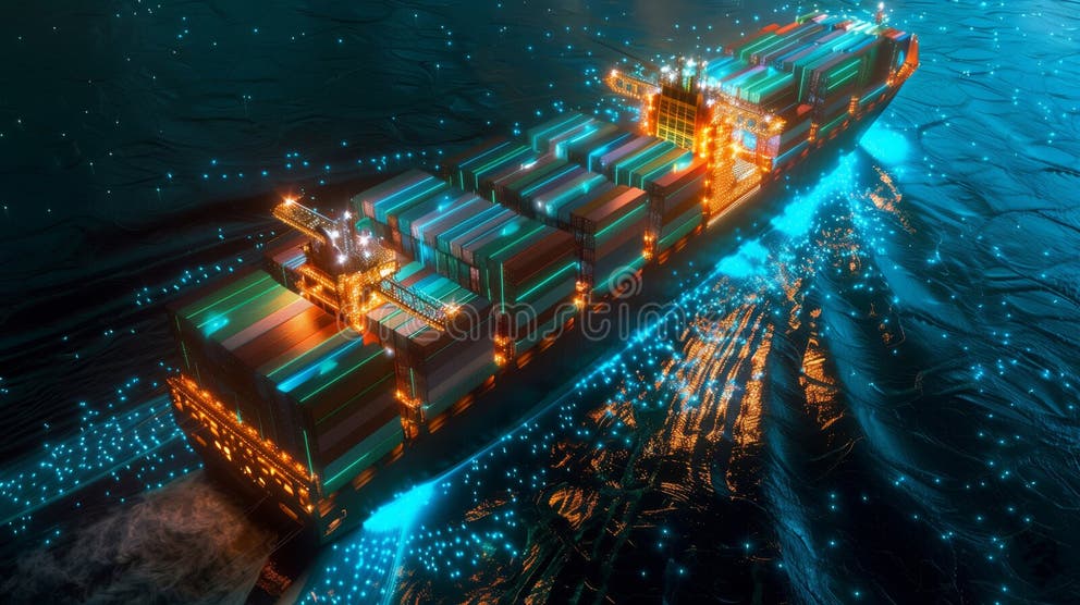 Futuristic Cargo Container Ship Navigating Illuminated Waters at Night ...
