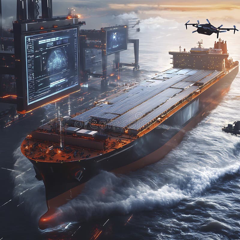 Futuristic Cargo Ship with AI Navigation and Renewable Energy in Stormy ...