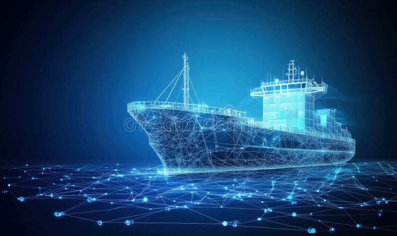 Futuristic Cargo Ship Design, Digital Wireframe Representation, Glowing ...