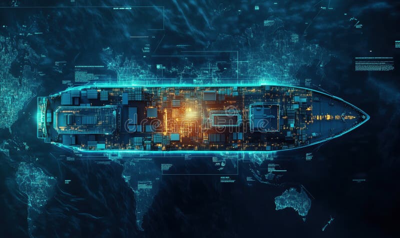 Futuristic Cargo Ship with Digital Interface and Global Map ...
