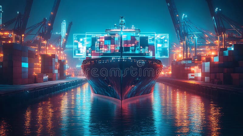 Futuristic Cargo Ship Docked in Neon Lit Harbor with Interactive ...