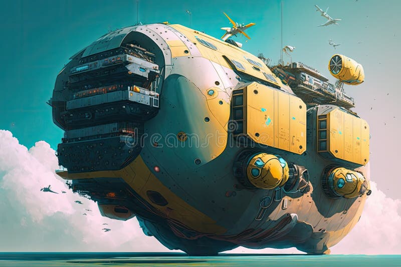 Futuristic Cargo Ship, with Drones and Robots Loading and Unloading ...