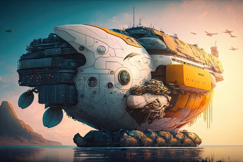 Futuristic Cargo Ship, with Drones and Robots Loading and Unloading ...